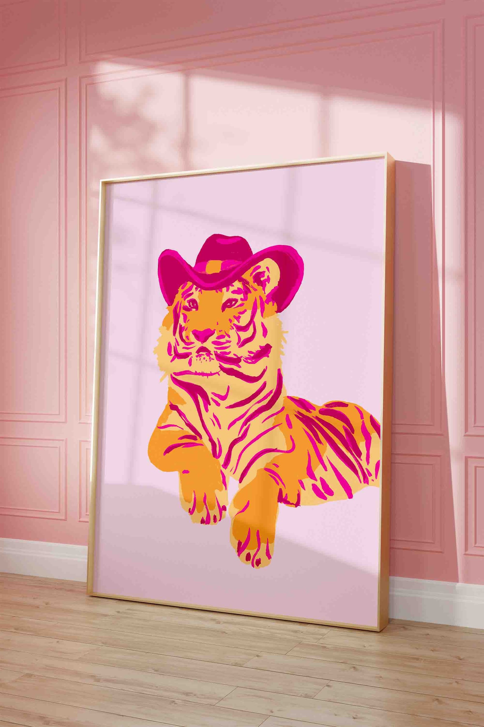 Tiger Wall Print, Pink and Orange Tiger Poster, Tiger Cowboy Wall Art ...