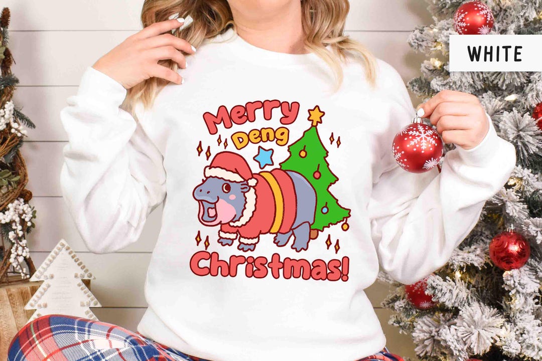 Moo Deng Christmas Sweatshirt, Funny Pygmy Hippo Xmas Sweater, Cute ...