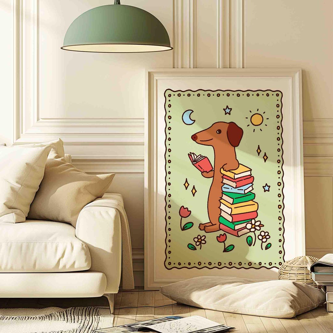 Dachshund Reads Poster, Funny Doxie, Children's Room Decor, Trendy Art ...