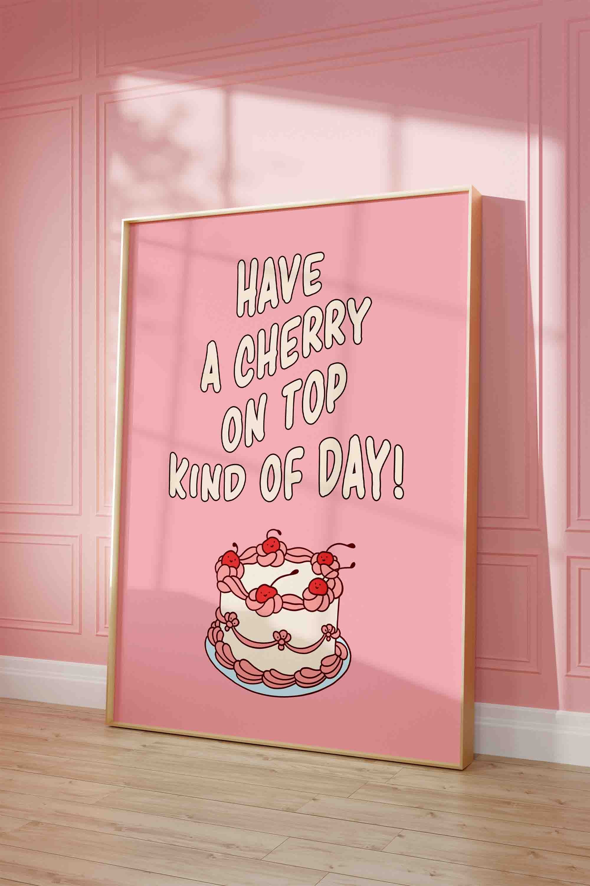 Cute Cherry Cake Wall Print, Pink Retro Poster, Cottagecore Positive ...