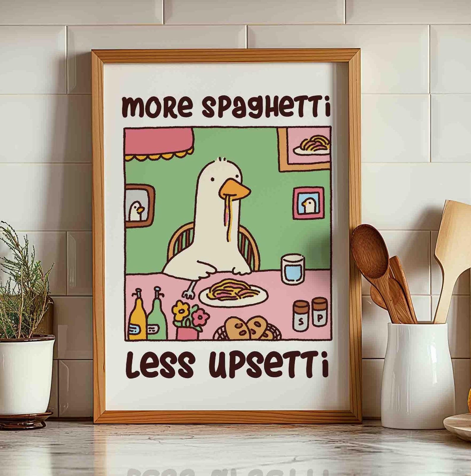 Duck Eating Spaghetti Poster, More Spaghetti Less Upsetti, Retro Diner ...