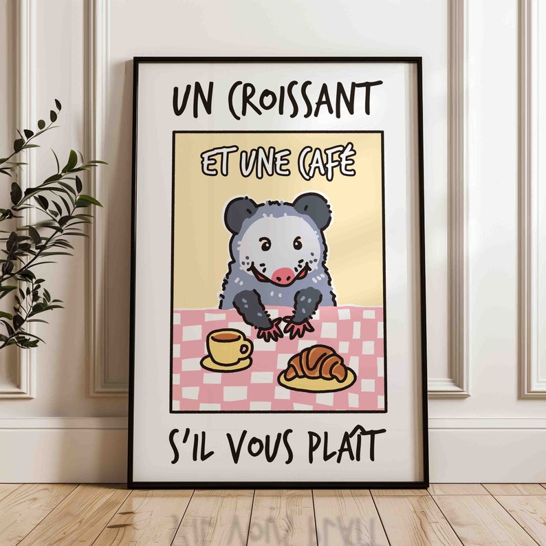Possum Wall Print, Croissant and French Cafe Poster, Retro Coffee ...