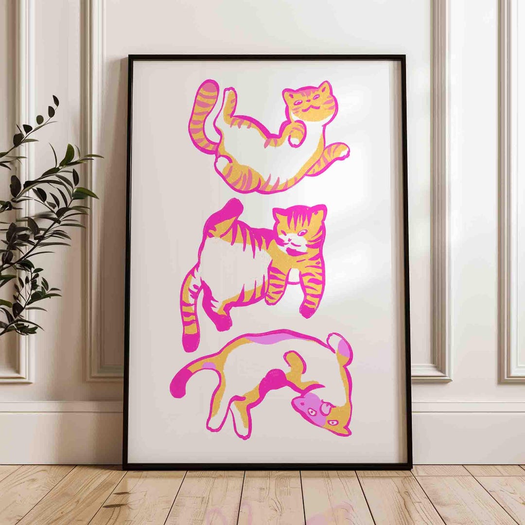 Cats Wall Art Print, Cat Poster in Pink and Orange, Cute Kitten ...
