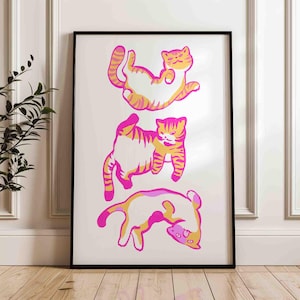 Cats Wall Art Print, Cat Poster in Pink and Orange, Cute Kitten ...