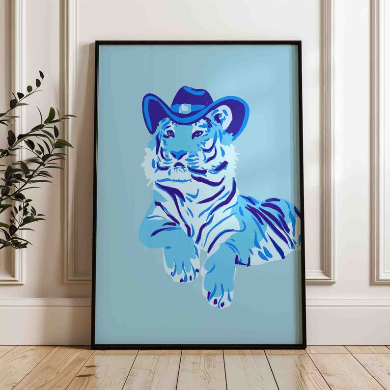 Tiger Wall Print, Blue Tiger Poster, Tiger Cowboy Wall Art Print ...