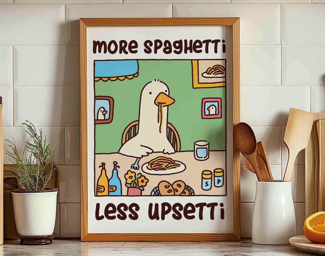 Duck Eating Spaghetti Poster, More Spaghetti Less Upsetti, Retro Diner ...