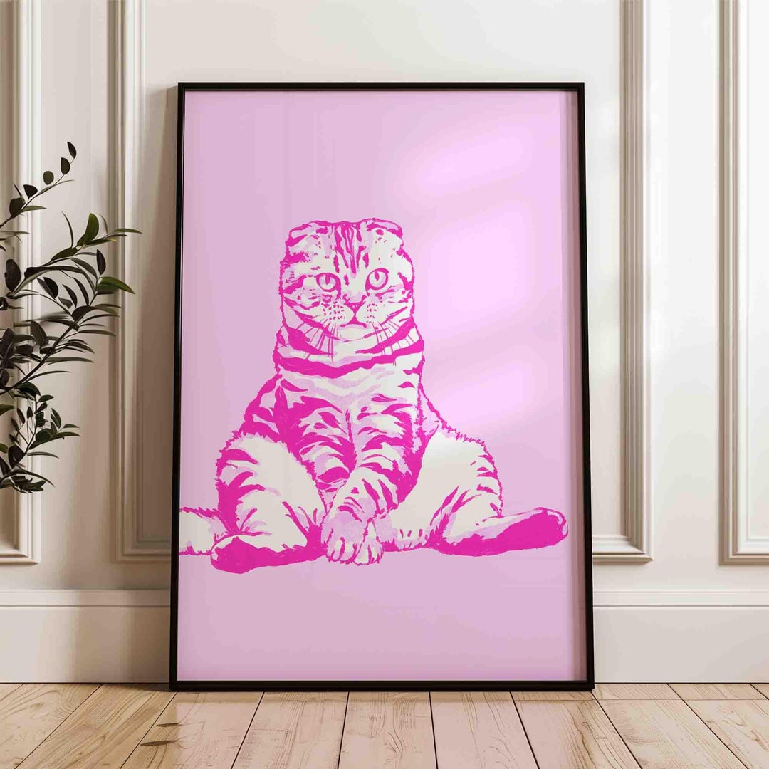Cat Pink Wall Art Print, Cat Sitting Poster, Funny Kitten Art, Cat Mom ...
