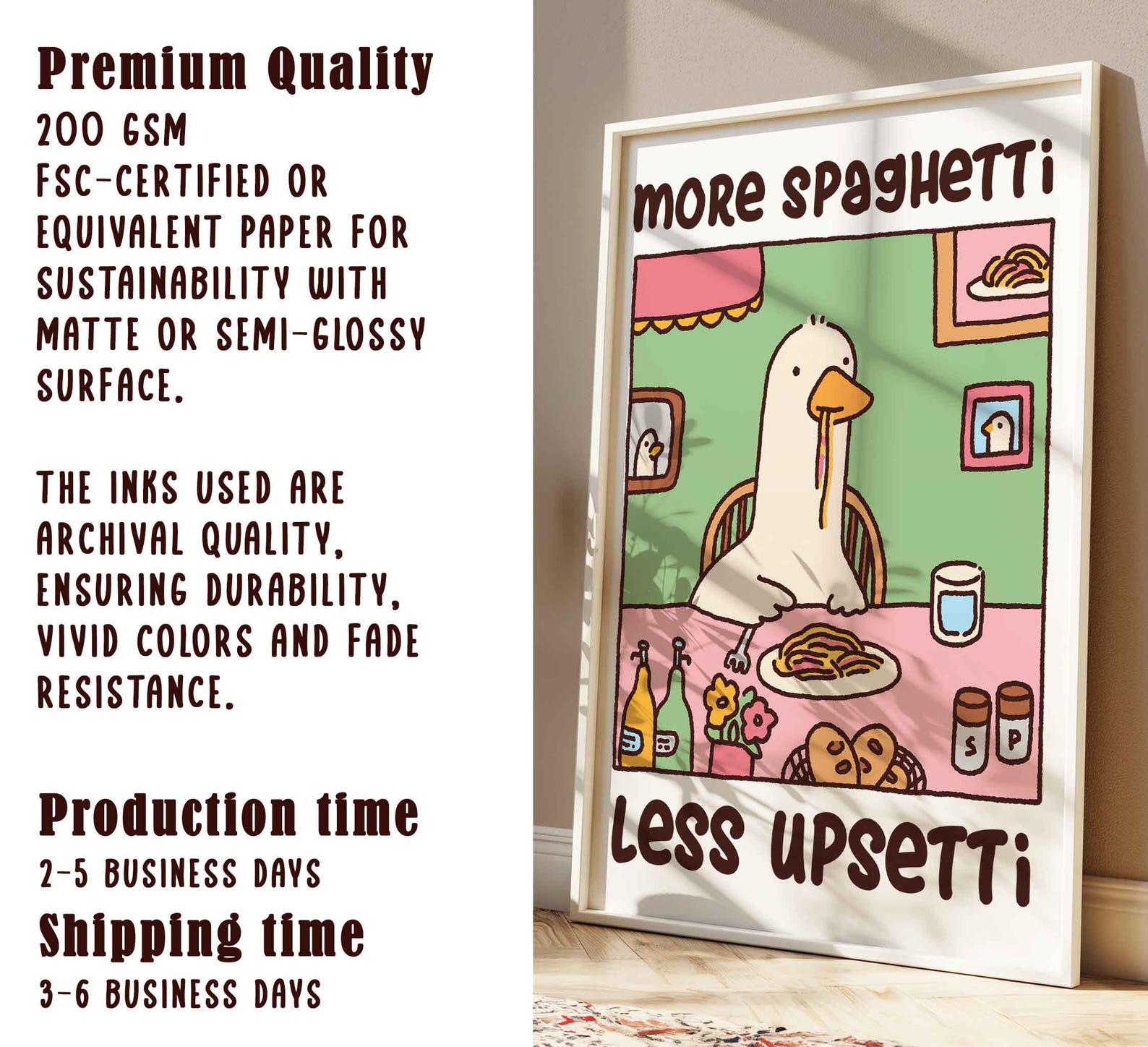 Duck Eating Spaghetti Poster, More Spaghetti Less Upsetti, Retro Diner ...