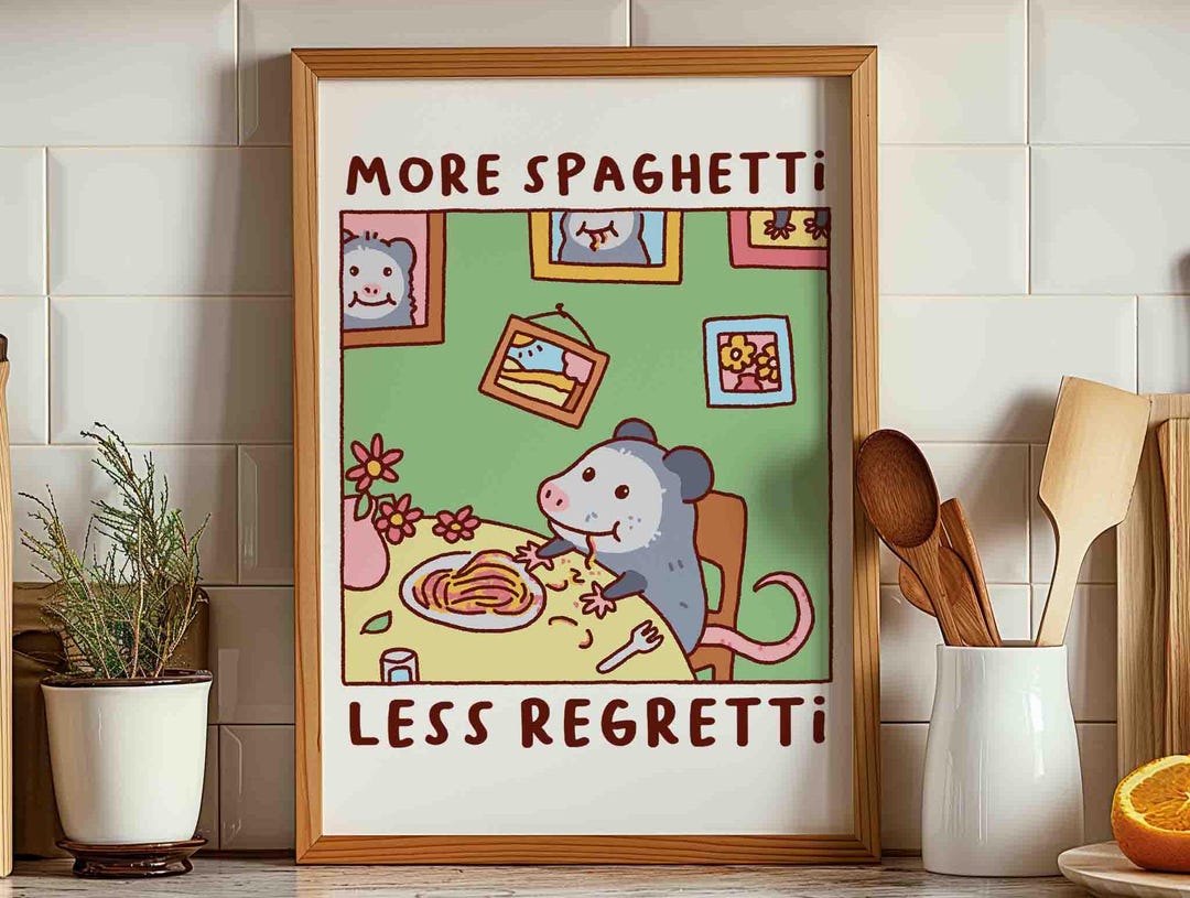 Possum Eating Spaghetti Poster, More Spaghetti Less Regretti, Retro ...
