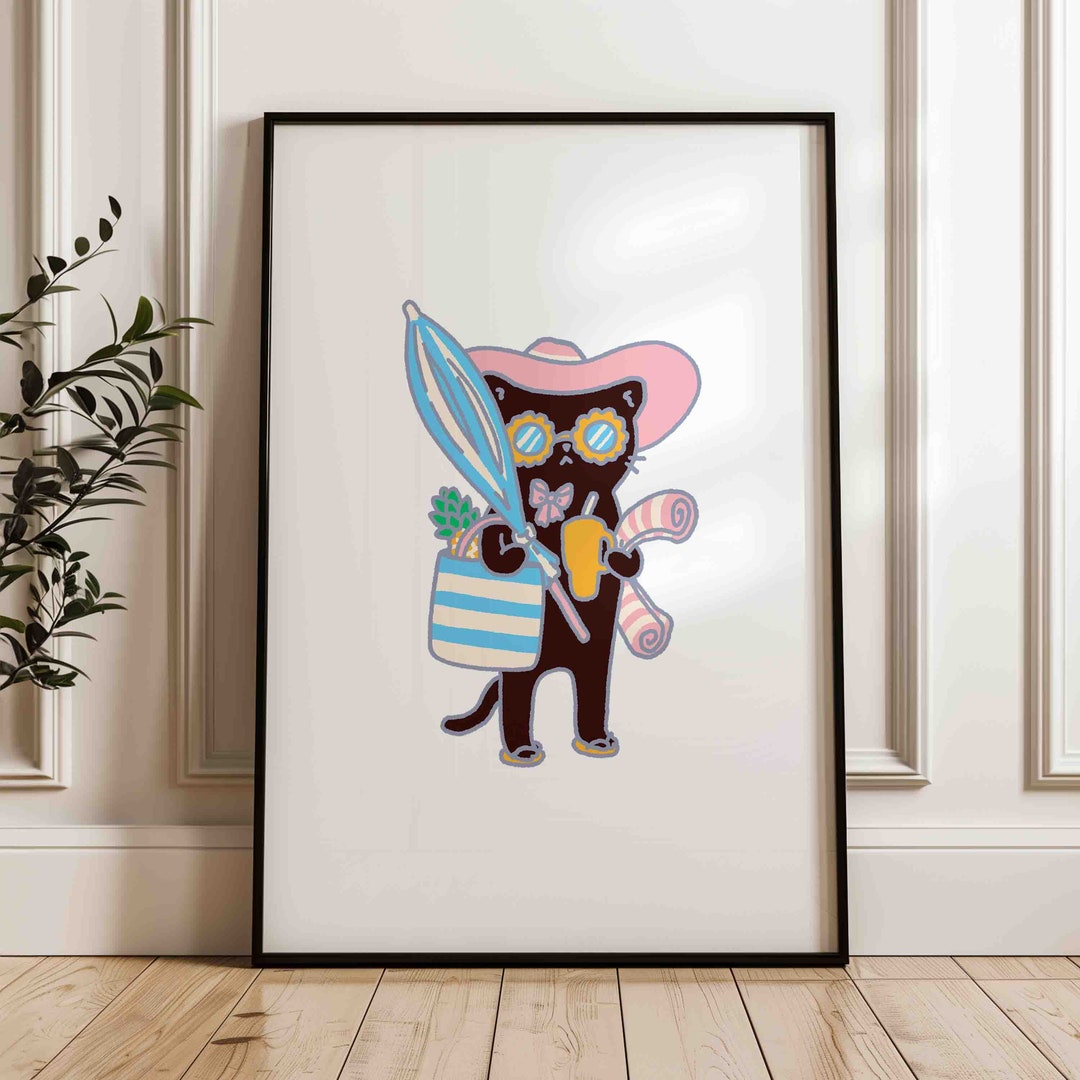 Black Cat Beach Ready Print, Preppy Cat in Fancy Sunglasses and Hat, It ...