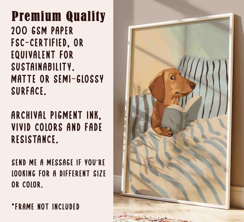 Dachshund Reading a Book in Bed Poster, Wiener Dog Print, Dog Owner ...