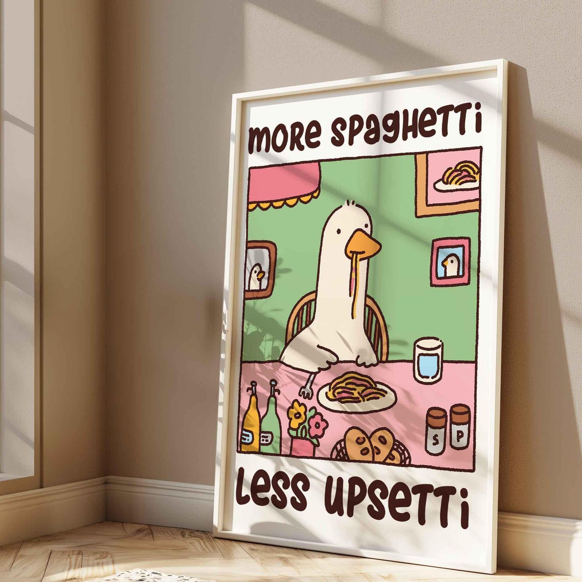 Duck Eating Spaghetti Poster, More Spaghetti Less Upsetti, Retro Diner ...