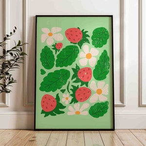 Strawberries Wall Print, Retro Poster Print, Retro Flowers Poster ...
