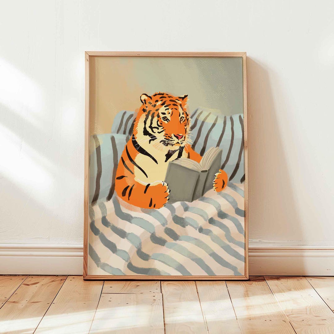 Tiger Reading a Book in Bed Poster, Mute Beige Boho Colors Prints ...