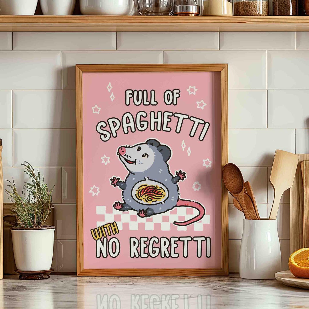 Possums Opossum Poster, Full of Spaghetti With No Regretti, Retro Diner ...