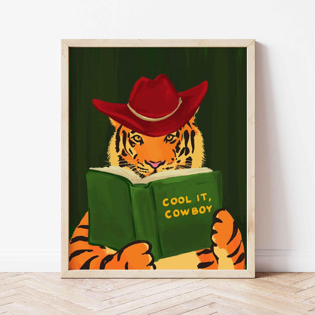 Cowboy Tiger Poster, Modern Animal Print, Dark Emerald Green Painting ...