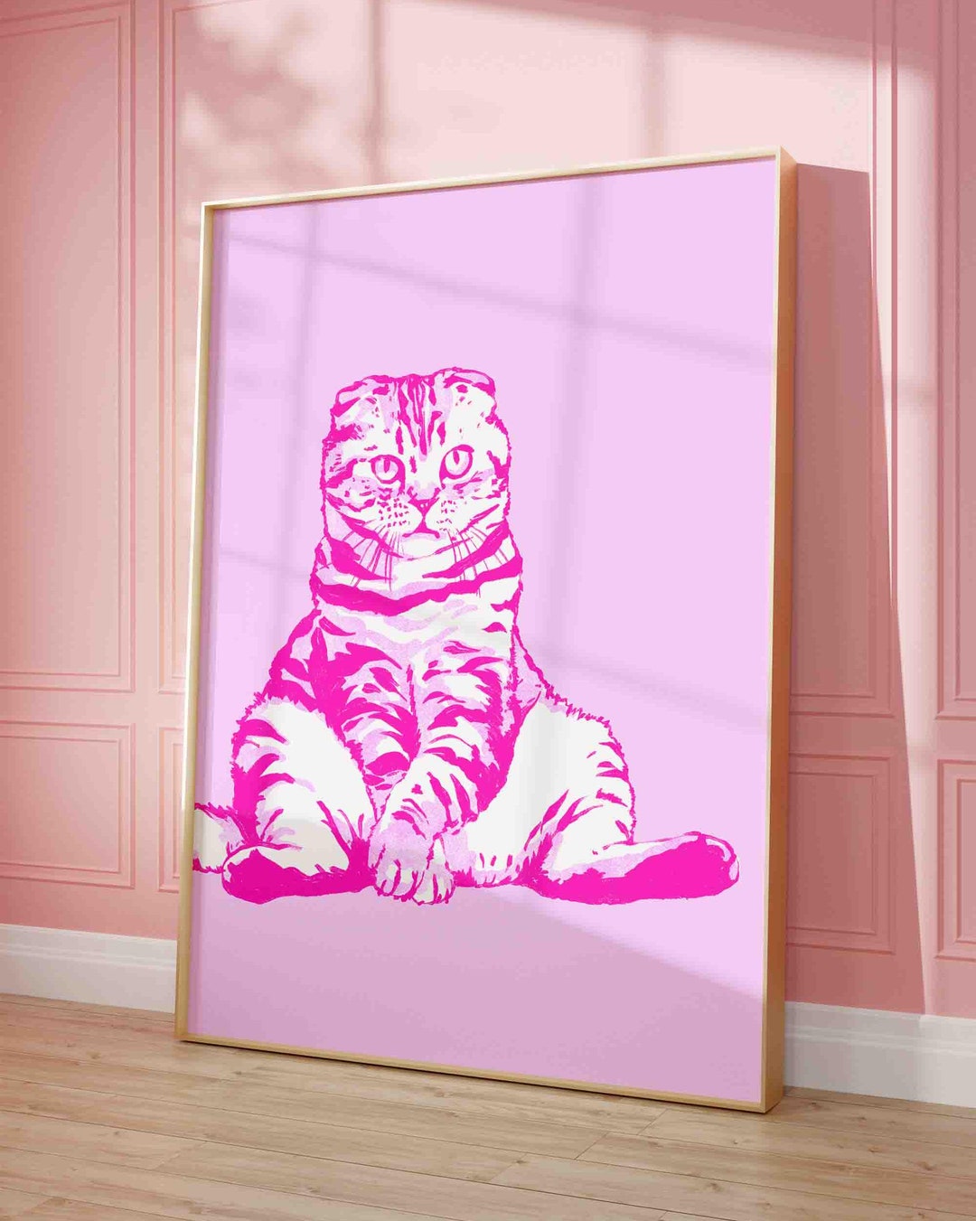 Cat Pink Wall Art Print, Cat Sitting Poster, Funny Kitten Art, Cat Mom ...