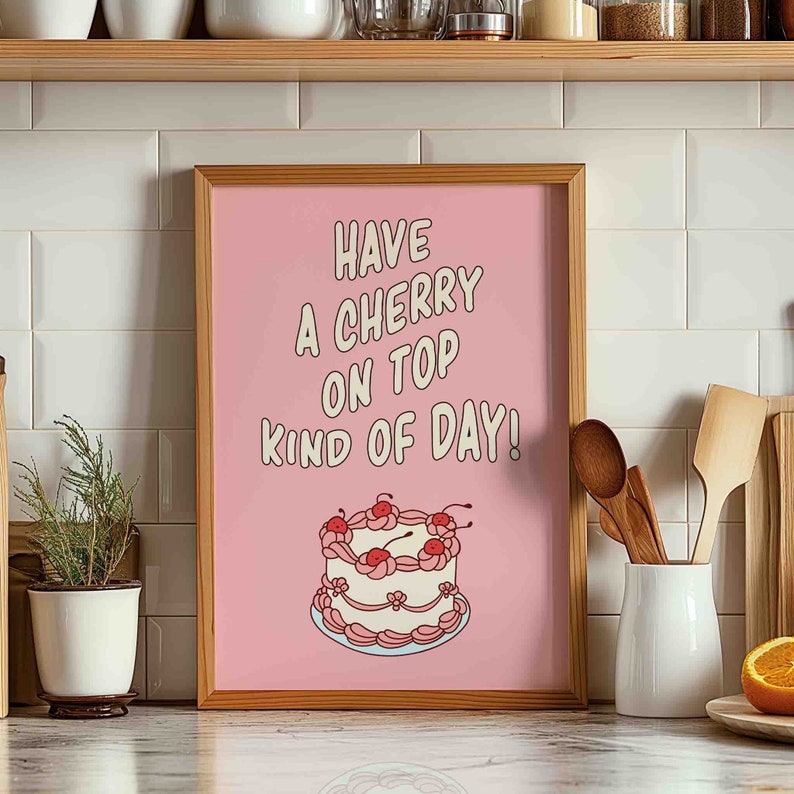 Cute Cherry Cake Wall Print, Pink Retro Poster, Cottagecore Positive ...