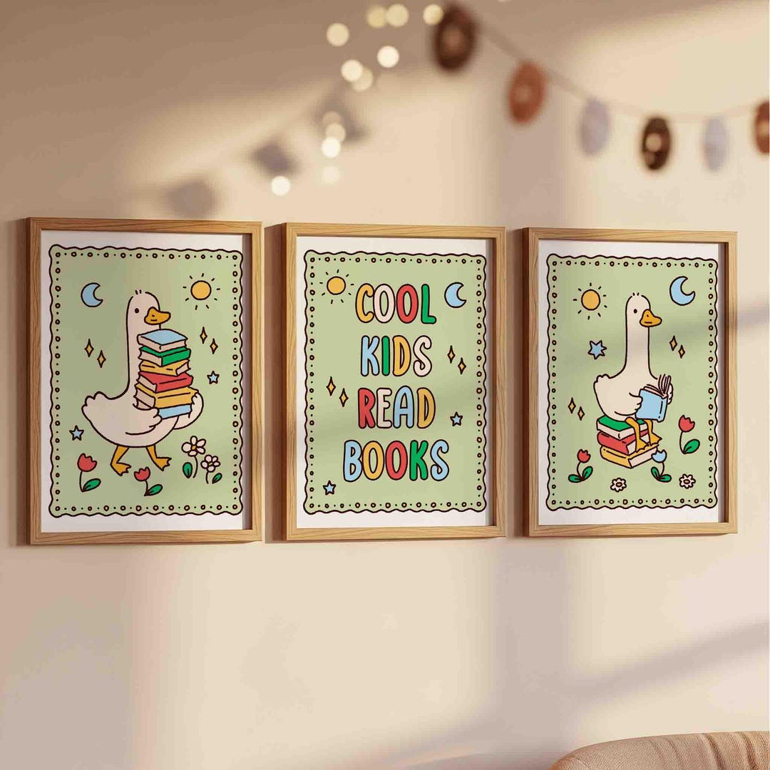 Cool Kids Read Books Posters, Set of 3 Prints, Silly Goose Reading ...