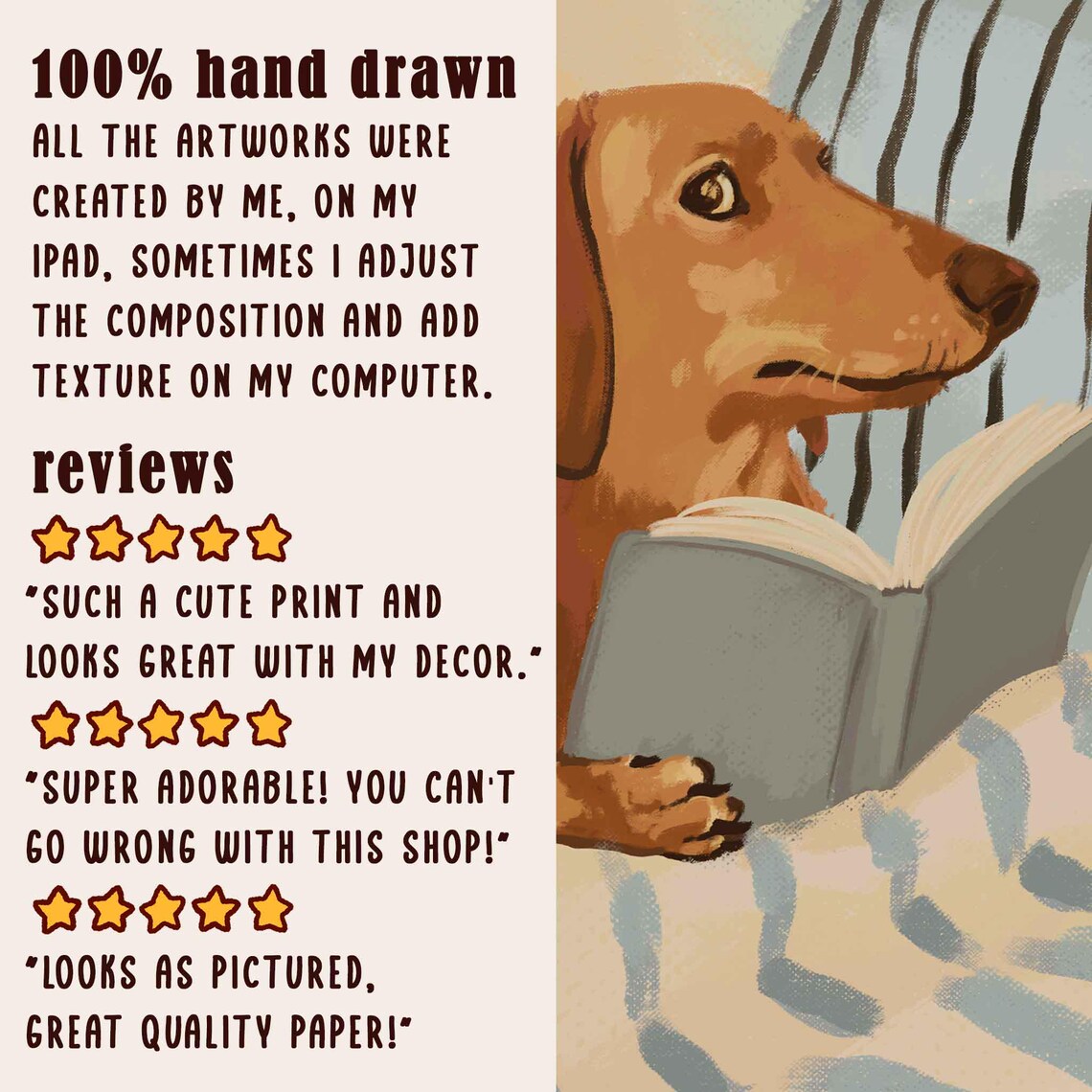 Dachshund Reading a Book in Bed Poster, Wiener Dog Print, Dog Owner ...