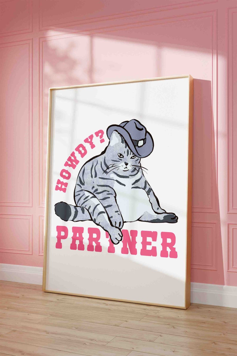 Cowboy Cat Wall Print, Howdy Cat in a Cowboy Hat Poster, Pink Retro ...