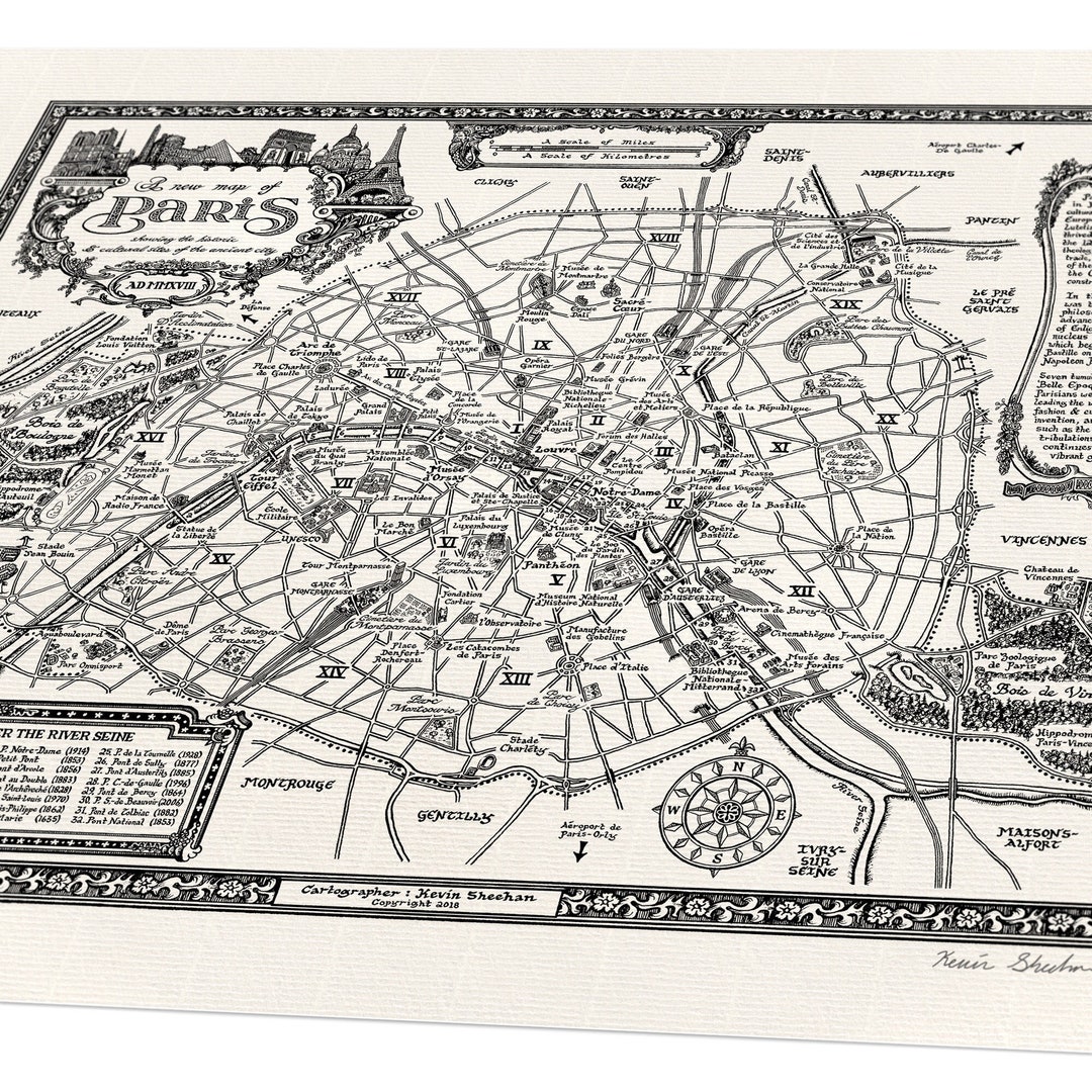 Hand-drawn Map of Paris • Fine Art Print by Manuscript Maps - Etsy