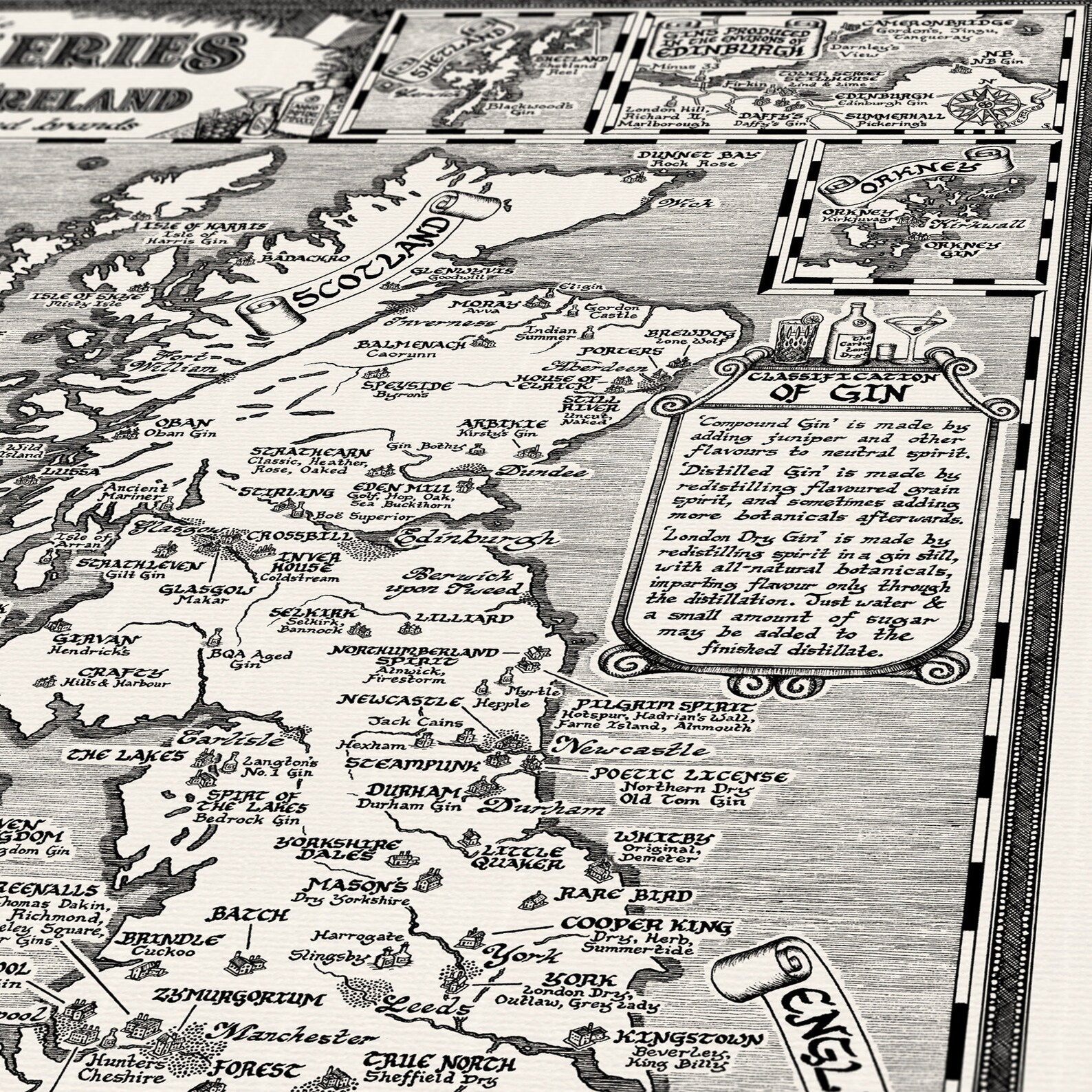 Hand-drawn Gin Map of Britain and Ireland • Fine Art Print by ...
