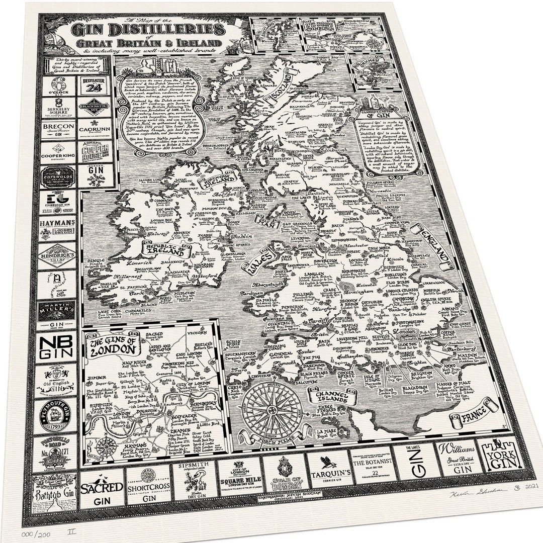 Hand-drawn Gin Map of Britain and Ireland • Fine Art Print by ...