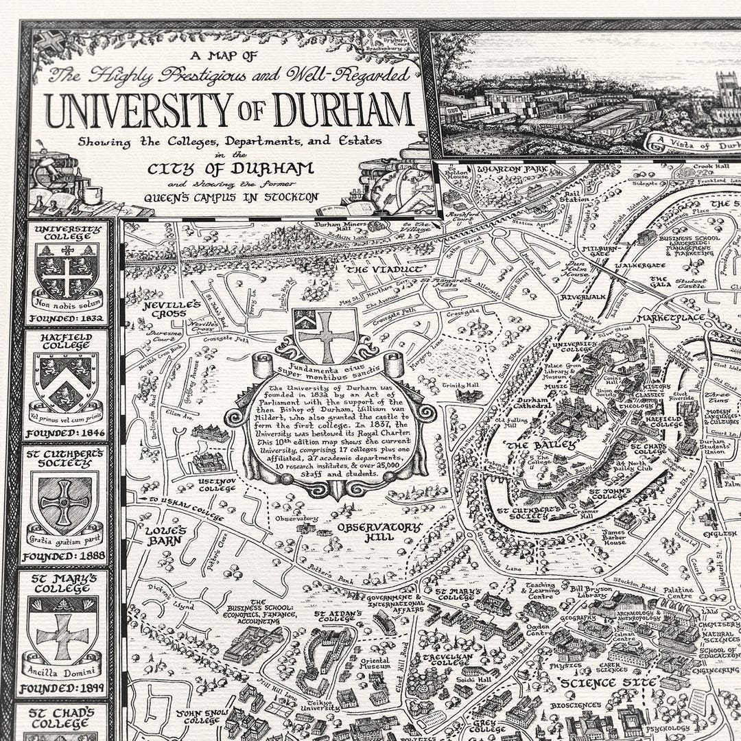 Hand-drawn Durham University Map • Fine Art Print by Manuscript Maps ...