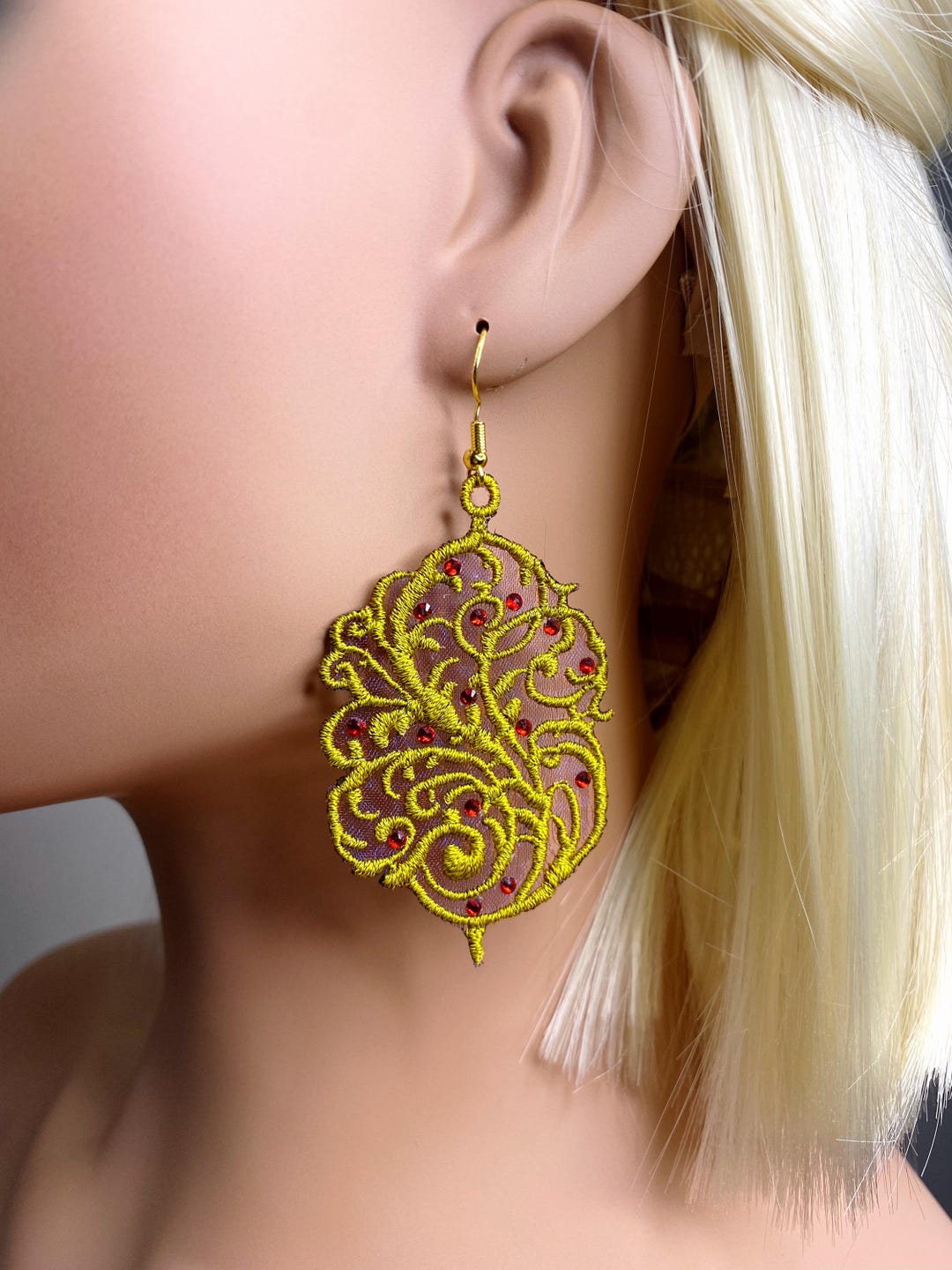 Organza FSL Gold Machine Embroidery Earring Design. FSL Earrings. Earrings in the Hoop. DIY ...