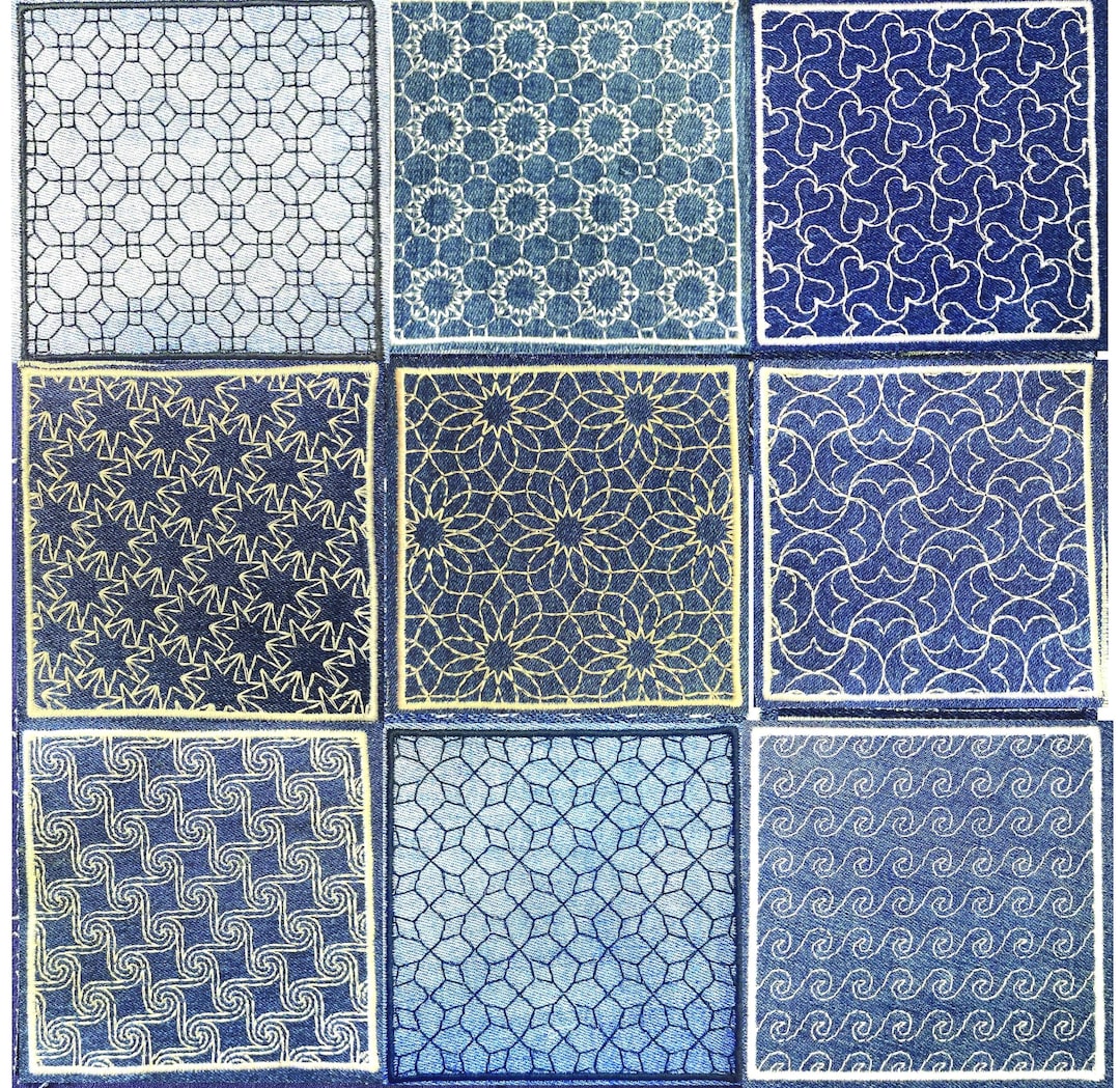 Set of 9 Sashiko Boro Quilting Square Machine Embroidery File Design ...
