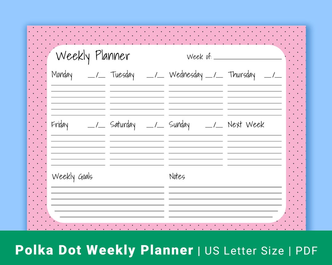 PRINTABLE Weekly Planner, Polka Dots on Pink Background, Monday Start ...