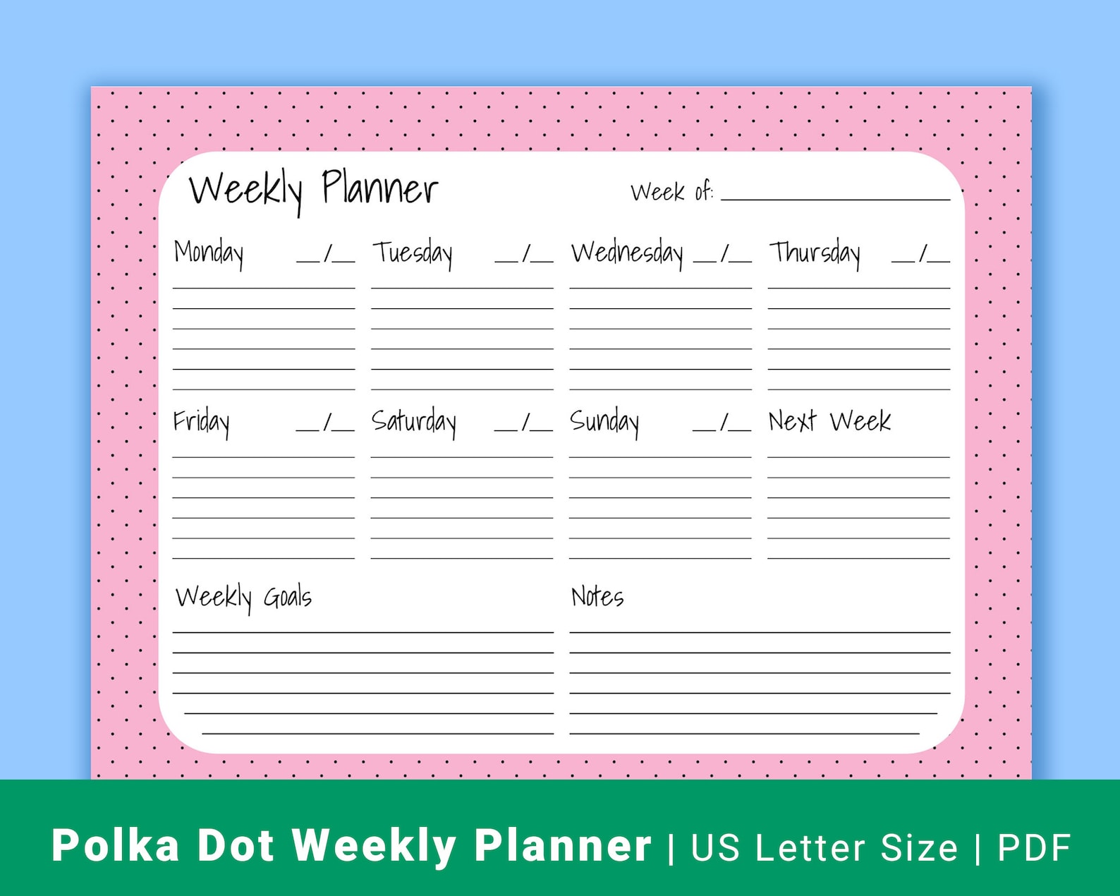 PRINTABLE Weekly Planner, Polka Dots on Pink Background, Monday Start ...