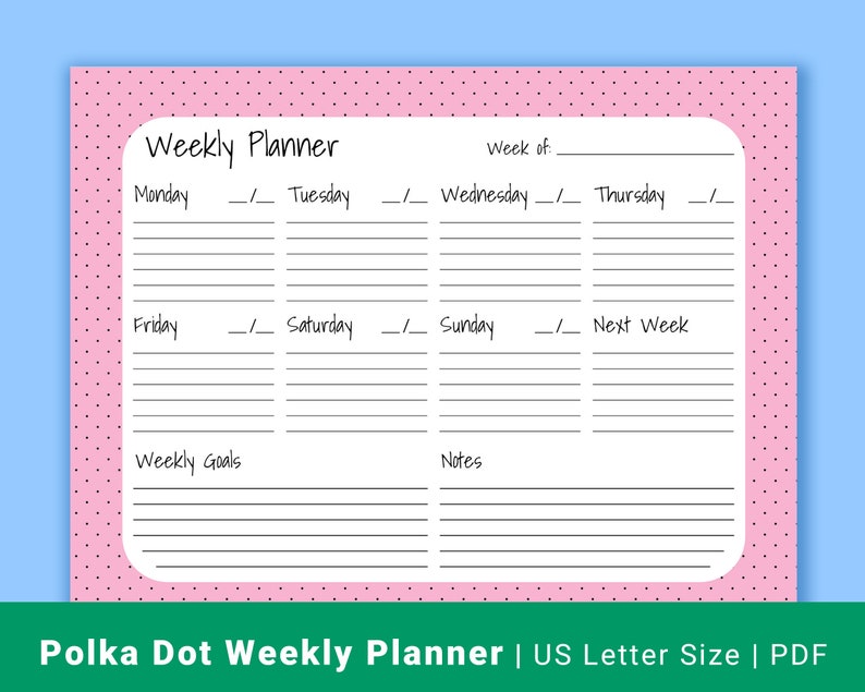 PRINTABLE Weekly Planner, Polka Dots on Pink Background, Monday Start ...