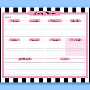 PRINTABLE Weekly Planner, Black and White Stripes With Pink Border ...