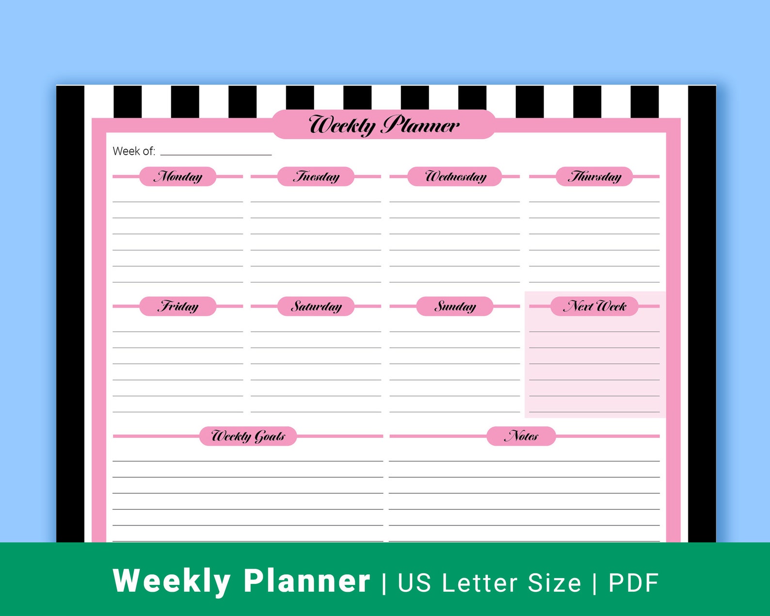 PRINTABLE Weekly Planner, Black and White Stripes With Pink Border ...