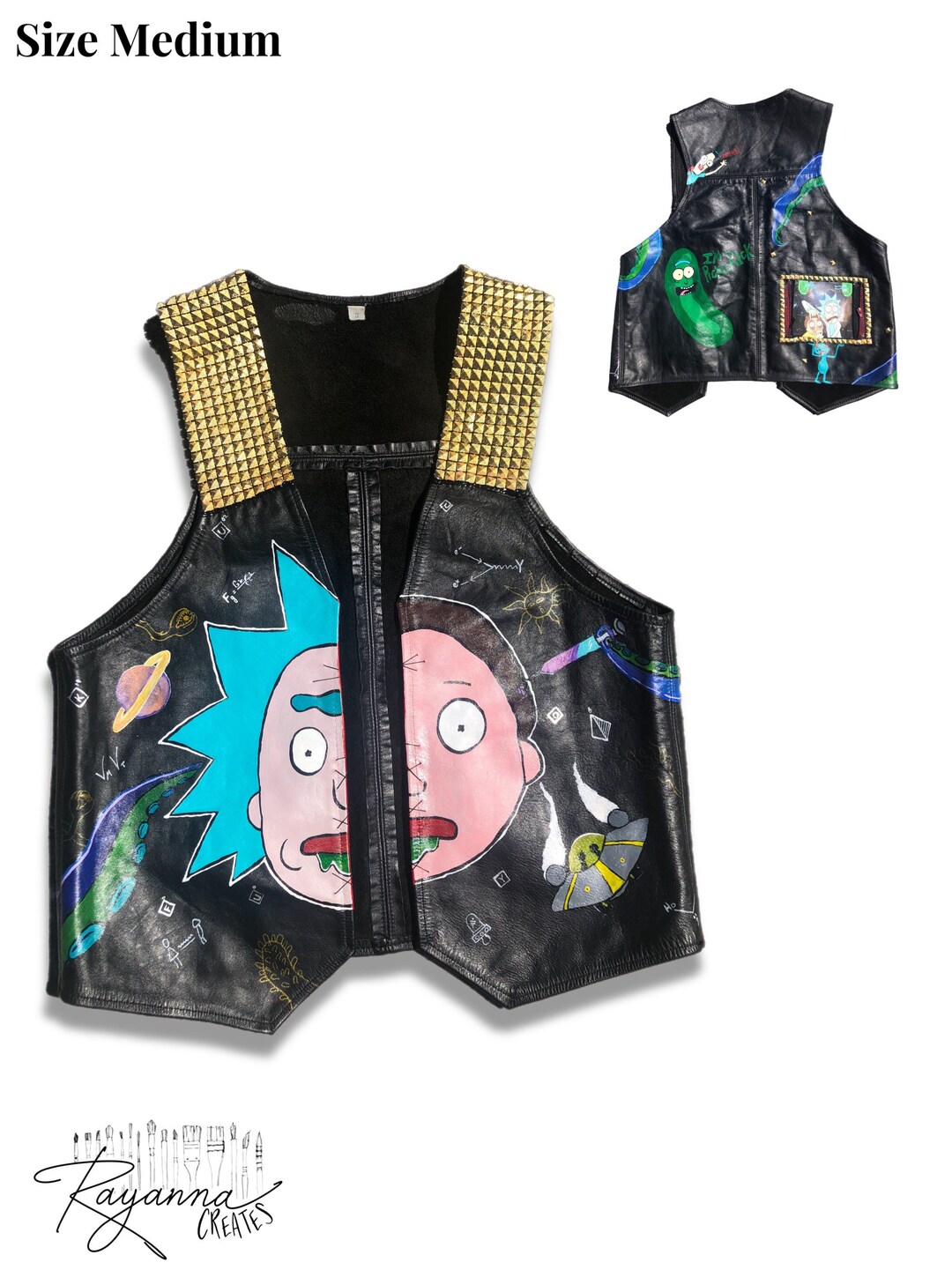 Rick and Morty, Handmade, Indian Run Leather, Hand Painted Black Vest ...