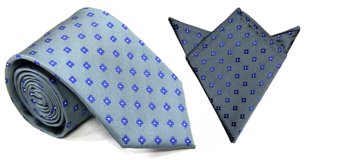 Blue Flower Grey Business Tie & Pocket Square Set L Men’s Tie for Work ...