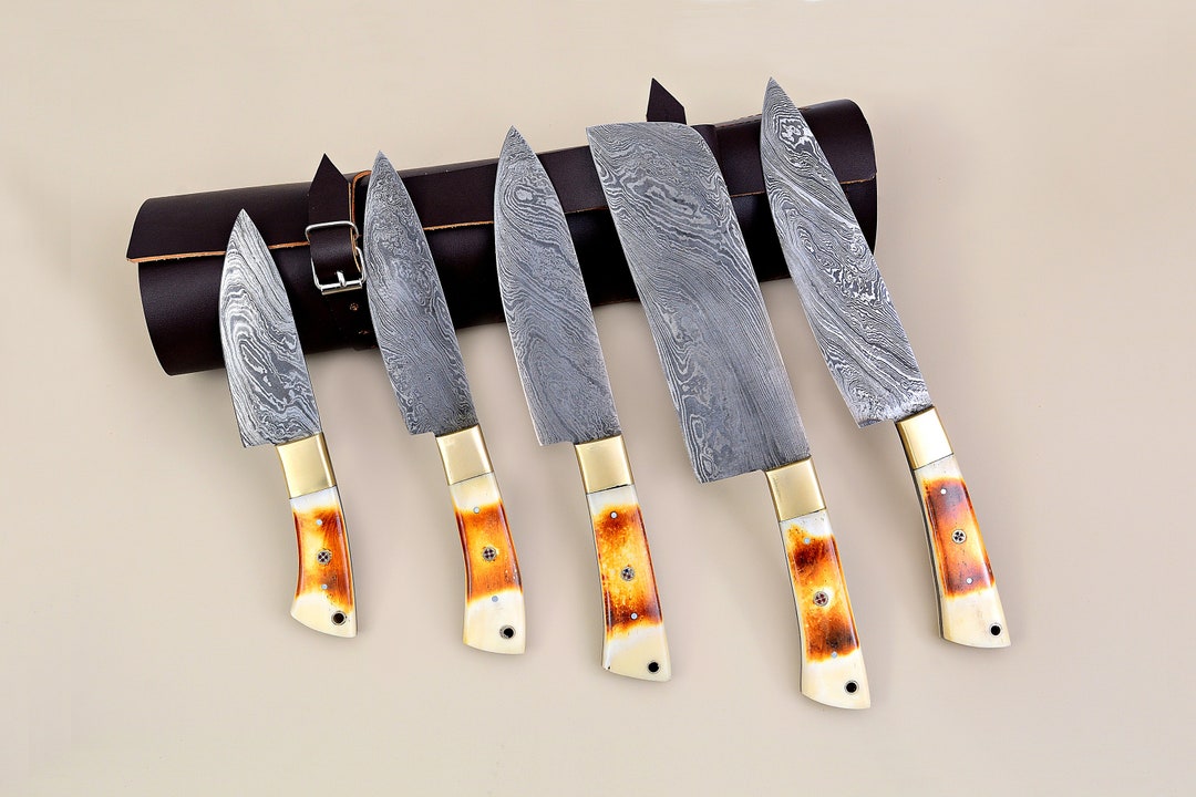 Color Handle 5 Pcs Chef Knife Set With Leather Cover, Handmade Chef ...