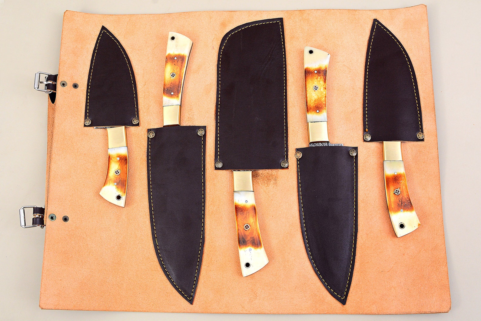 Color Handle 5 Pcs Chef Knife Set with Leather Cover Handmade | Etsy