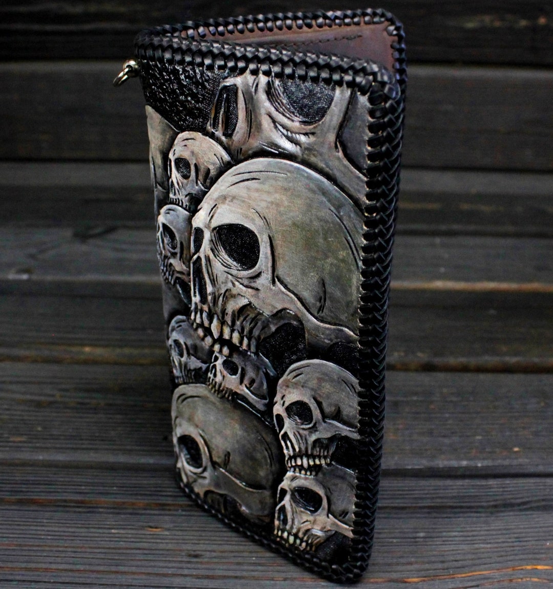 Handcrafted Leather Long Wallet Skulls, Biker's Leather Long Wallet ...