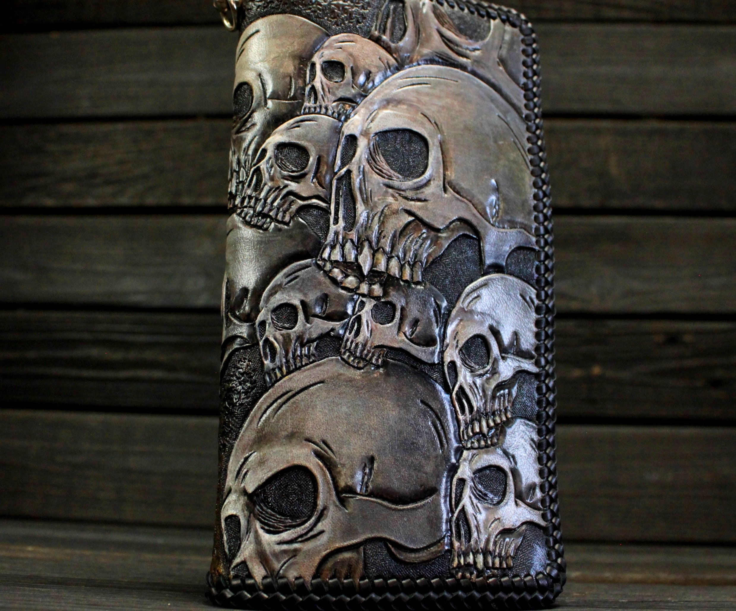 Handcrafted Leather Long Wallet Skulls, Biker's Leather Long Wallet ...