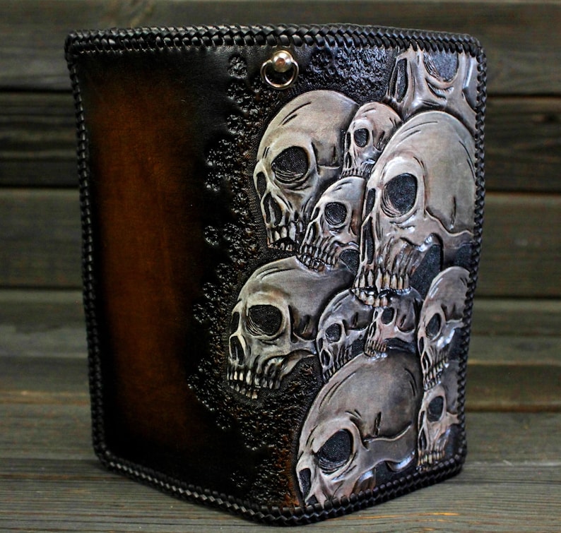 Handcrafted Leather Long Wallet Skulls, Biker's Leather Long Wallet ...