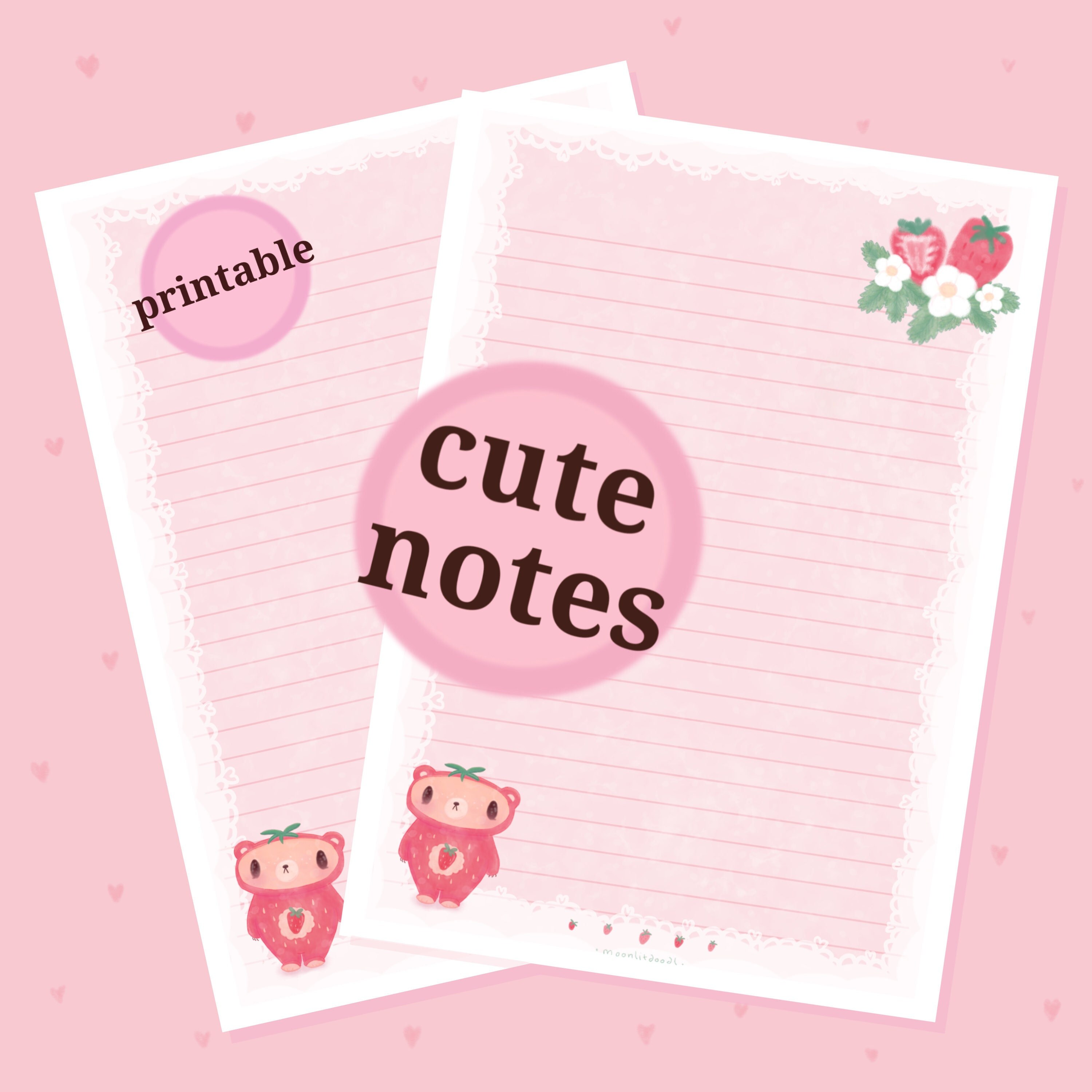 Cute Printable Lined Notes | Strawberry Theme | US Letter A4 A5 - Etsy
