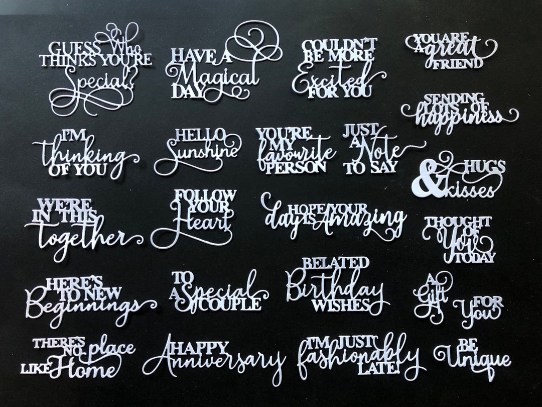 23 Stylised Script Word Sentiment Die Cut Embellishments for Card ...