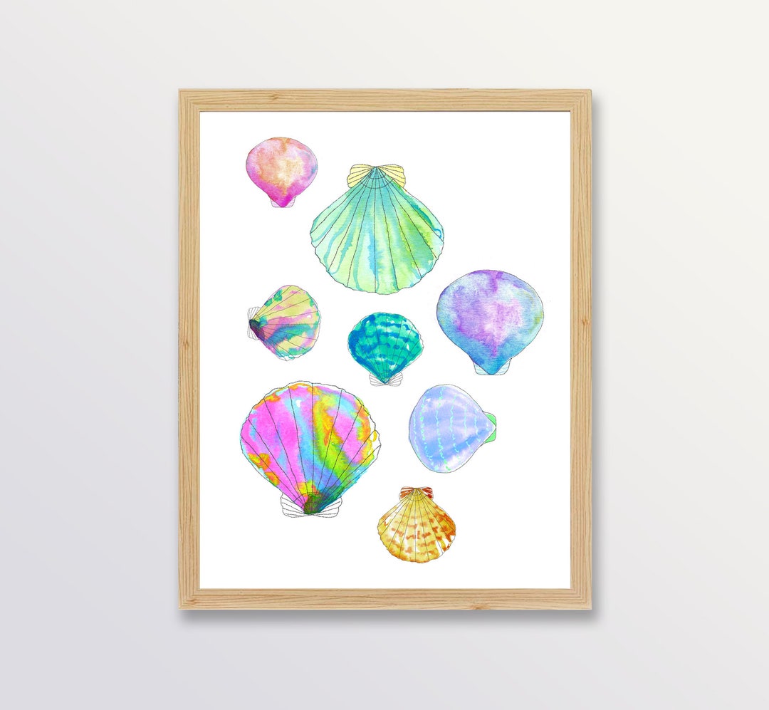Bright Seashells Watercolor Wall Art, Tropical Rainbow Shells - Etsy