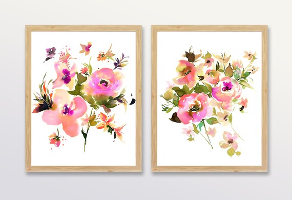 Set of 2 Prints Pink Roses Watercolor Art Nursery Decor | Etsy