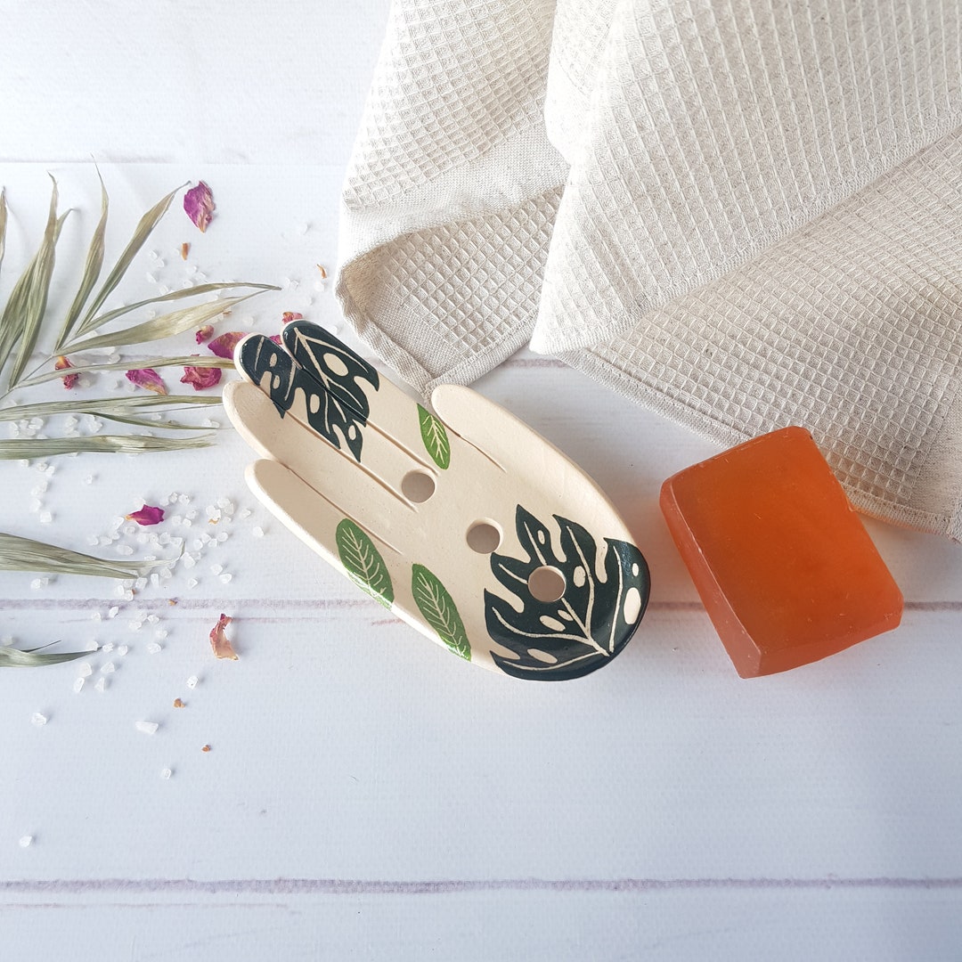 Ceramic Hand Dish With Tropical Leaves Handpainted Pottery Soap Holder ...