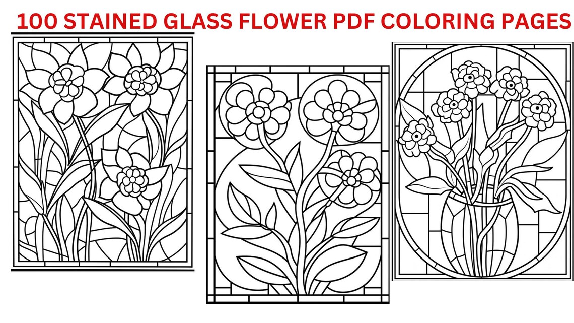 100 Flower Stained Glass Coloring Pages for Adults and Kids ,stress ...