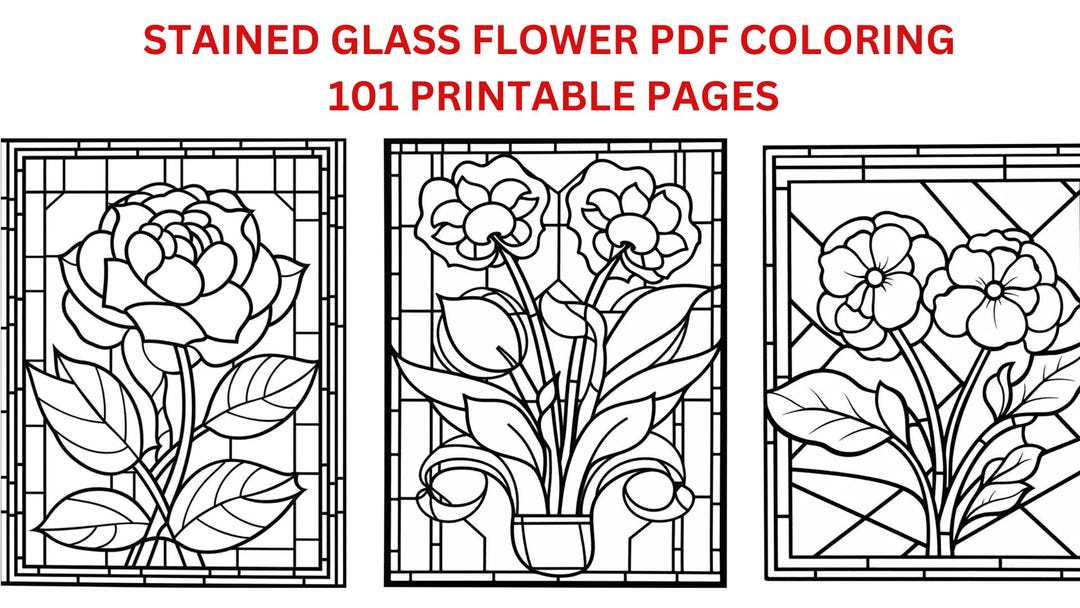 Printable Flowers Stained Glass Coloring Pages for Adults and Kids ...